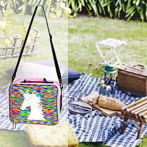 JYPS Insulated Unicorn Lunch Box for Kids, Flip Sequin Girls Tote Lunch Bags with Shoulder Strap, Handheld Reusable Lunch Box Bags Christmas Gifts for Girls at School