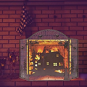 BestGiftEver 3-Panel Fireplace Screen Decorative with House Cabin Lodge Pine Cone Design - Stand Alone Fireplace Cover Metal Mesh Screen - Home Decorative Firescreen forRustic Western Country Style