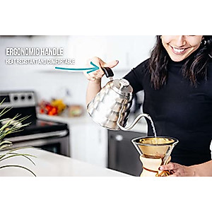 Barista Warrior Gooseneck Kettle for Pour Over Coffee and Tea with Thermometer for Exact Temperature, Precision Pour Drip Spout, Stainless Steel, Compatible with all Stove Tops (1.2 Liter, 40 fl oz)