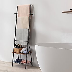 Blanket Ladder with Shelf, Towel Rack for Bathroom Standing, Blanket Rack for Bedroom Freestanding Towel Rack for Bathroom Metal Towel Bar Stand Drying and Display Rack with Shelf, Rustic Brown