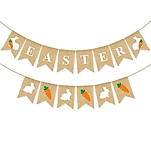 Burlap Easter Banner Easter Bunny Banner Easter Decorations Burlap Bunting Photo Props for Spring Themed Party Favors Supplies, Happy Easter Day Home Decor for Mantle Fireplace