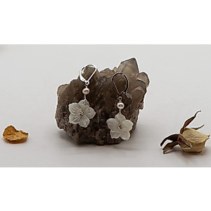 LTC Designs White Shell Flowers and White Freshwater Cultured Pearl Accent Drop Earrings with Sterling Ear Wires 3.5-4 mm for Women, Teens, and Girls