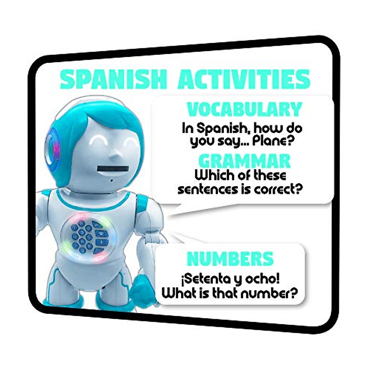 LEXIBOOK Powerman Kid - Educational and Bilingual English/Spanish Robot - Walking Talking Dancing Singing Toy - STEM Programmable Telling Creating Stories - Quizzes Shooting Discs for Kids - ROB90US