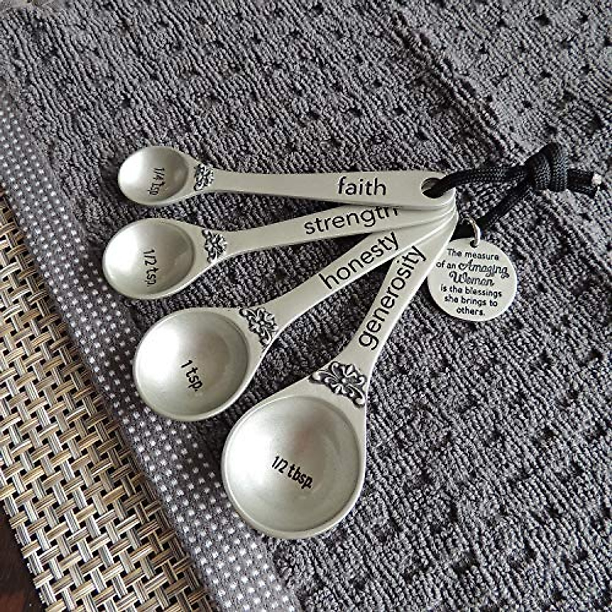 Amazing Woman Measuring Spoon Set, Decorative Gifts and Kitchen Accessories, Set of 4, Engraved Pewter and Silver Enamel, By Abbey & CA Gift