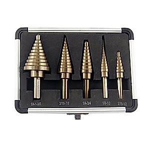 CO-Z Step Drill Bits, HSS 5PCS Titanium Step Drill Bit Set, 50 Sizes in 5 High Speed Steel Unibit Drill Bits Set for Sheet Metal with Aluminum Case, Multiple Hole Stepped Up Bits for DIY Lovers