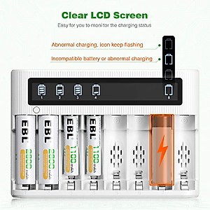 EBL Rechargeable AA Batteries with Battery Charger - AA Partial Pre-Charged 2500mAh Rechargeable Batteries 10 Packs and LCD Household Battery Charger Discharger