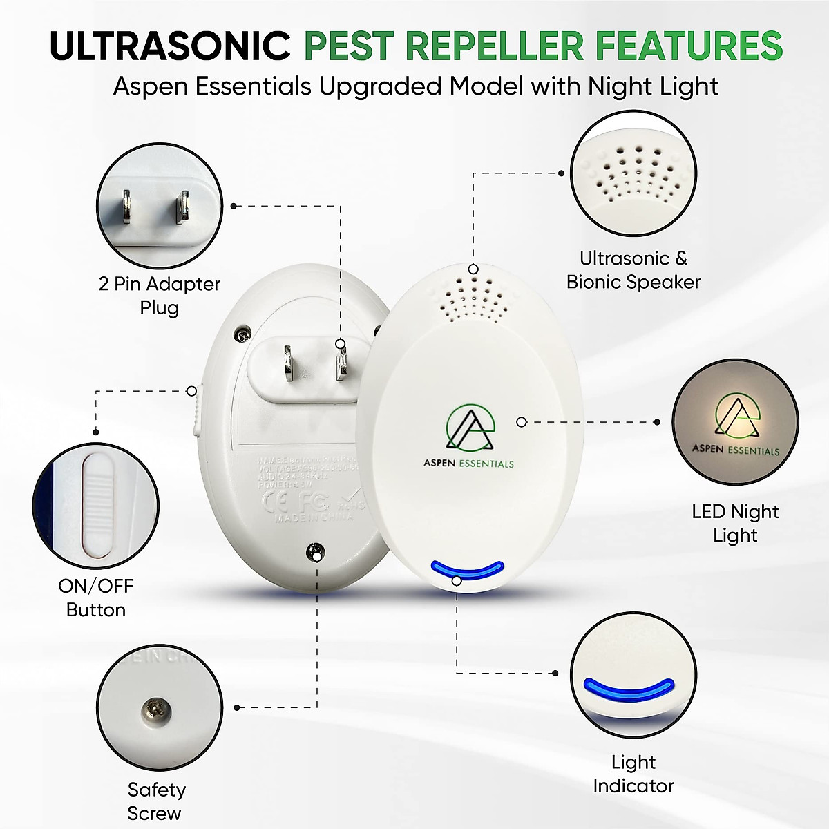 Aspen Essentials Ultrasonic Pest Repeller Indoor Pack of 4 Pest Repeller Plug in Mice Repellent for House | Bug Repellent for Indoor Pest Control for Office, Warehouse and Hotel