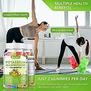 Potassium Magnesium Supplement Gummies for Adults Kids, Sugar-Free Potassium Gummies Supports Leg Cramps & Muscle & Immune Health, High Absorption Vegan Magnesium Gummies 5 Fruit Flavor 60 Cts