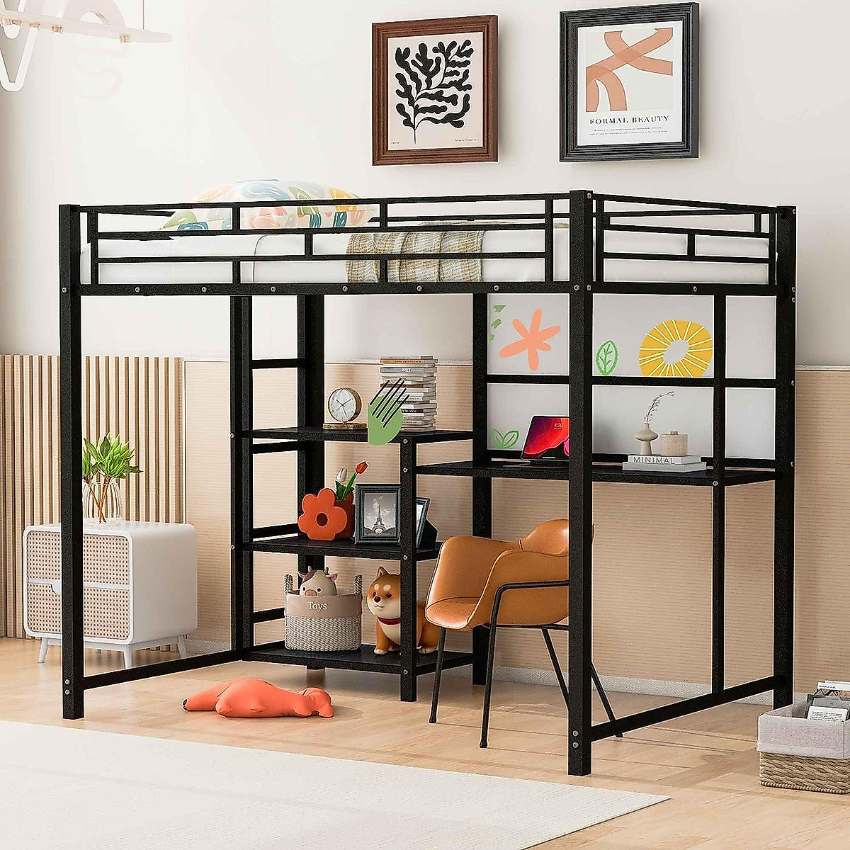 DNYN Full Size Loft Bed with Desk & Ladder for Kids Bedroom,Multifunctional Metal Bedframe w/Shelves & Whiteboard & Safety Rail Design,Space Saving & No Box Spring Needed, Black
