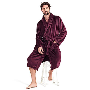 HOLOVE Men’s Fleece Shawl Collar Robe Plush Warm Bathrobe Soft Luxurious Dressing Gown for Men (Wine 2XL/3XL)