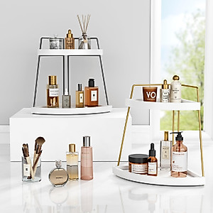 Forbena Corner Bathroom Counter Organizer, White and Gold Countertop Shelf Organizer for Kitchen Sink, 2 Tier Makeup Vanity Tray for Dresser Tops Decor, Corner Shelf for Girls Bedroom Storage