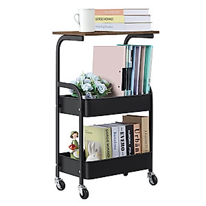 smusei 3 Tier Rolling Cart with Wooden Tabletop, Metal Utility Cart with Lockable Wheels, Black Rolling Storage Organizer Cart with 2 Baskets for Living Room, Bathroom, Bedroom, Office, Kitchen