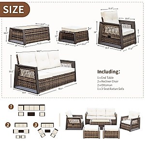 6 Pcs Outdoor Furniture Set, Patio Furniture with Aluminum Frame, Wicker Recliner Chairs with Ottomans, Modern Outdoor Conversation Set Sectional Sofa, Rattan Patio Set with Storage Table (Brown)