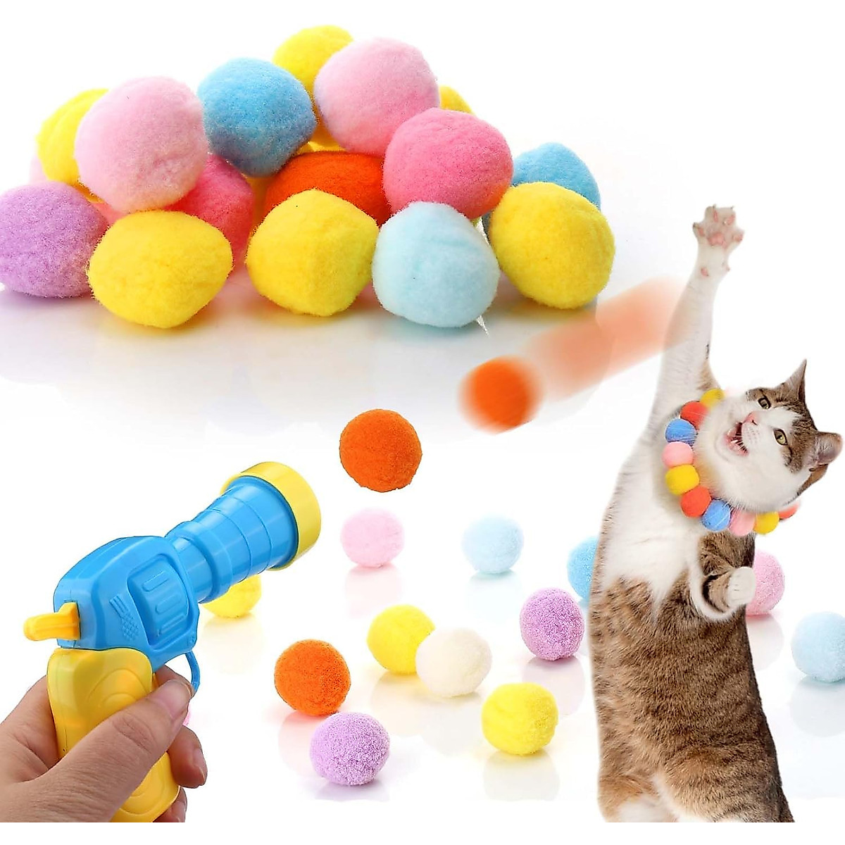 31Pcs Cat Ball Toy Launcher Gun, Cat Balls Fetch Toy, 30Pcs Plush Fuzzy Balls Launcher Cat Toy for Cats with 1 Gun, Funny Interactive Cat Toys for Bored Indoor Adult Cats, Cute Kitten Kitty Toys