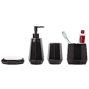 MyGift 4 Piece Modern Matte Black Resin Bathroom Accessories Set with Multifaceted Design Includes Soap Dish, Tumbler, Toothbrush Holder and Pump Dispenser