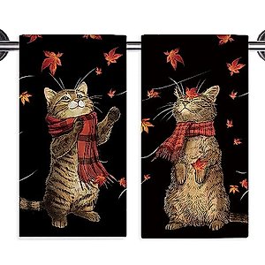GAGEC Fall Kitchen Towels Cat Maple Leaf Fall Dish Towels Set of 2, Autumn Holiday Tea Towel 18 x 26 Inch Hand Drying Cloth Towel for Kitchen Home Decoration