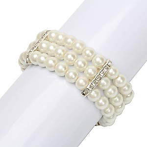 Coolrunner Ladies 3 Rows Faux Pearls Accent Off White Stretch Wrist Bracelet Jewelry
