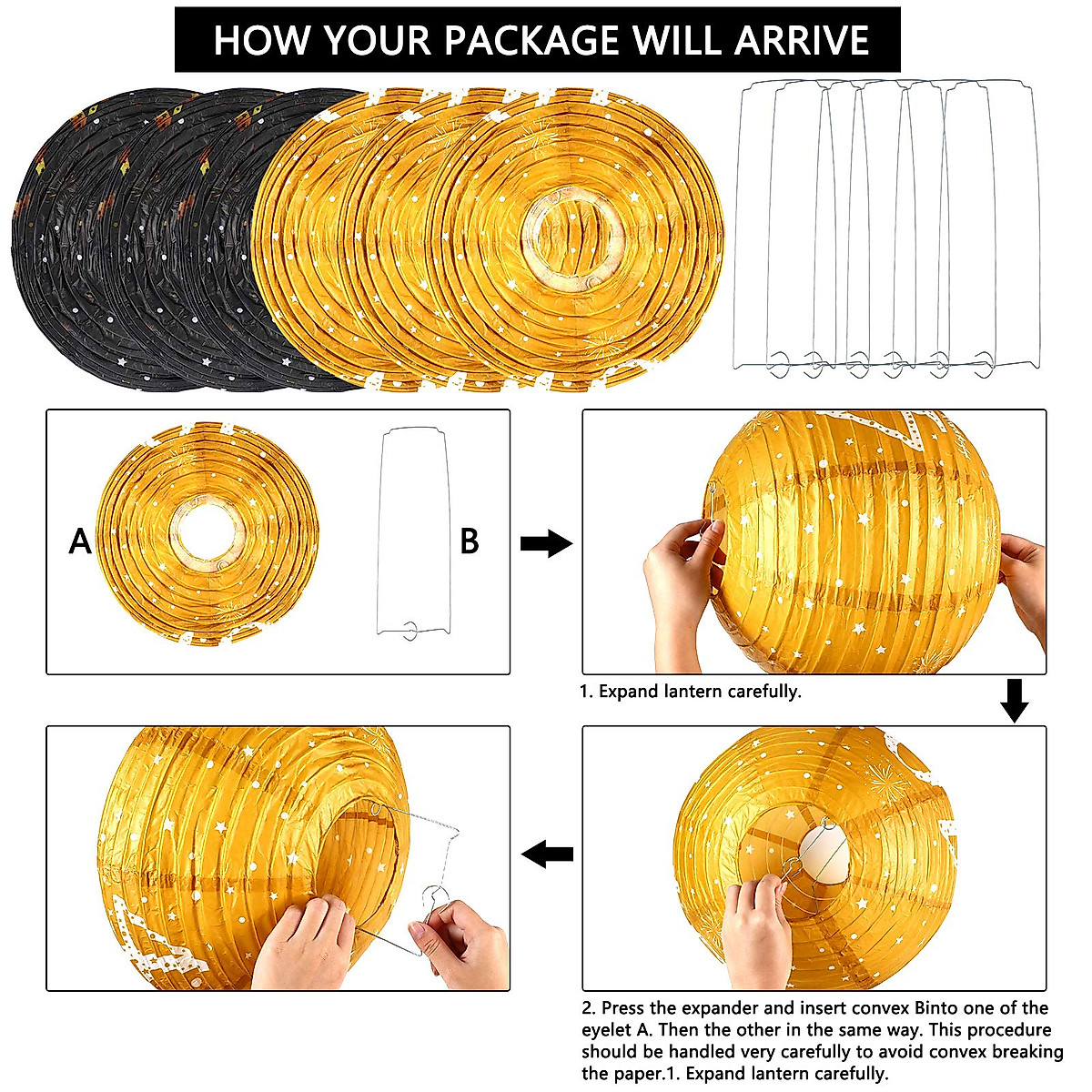 6 Pieces Birthday Party Decorations Hanging Paper Lanterns Black Gold Glittery Anniversary Party Birthday Sign Decorations for Men Women Teen Birthday Party Decorations Supplies (40th Style)