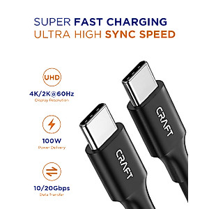 CRAFT 0.5FT USB C Charger Cable | 3.2 USB C to USB C Data Cable with 20Gbps Speed | 100W Fast Charging and High Speed USB C Cable with E-Marker IC Chip, for Phones, Laptops, Cameras, Monitors, Black