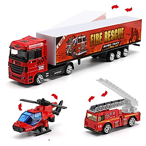 19 Pcs Fire Truck with Firefighter Toy Set, Mini Die-cast Fire Engine Car in Carrier Truck, Mini Rescue Emergency Double Side Transport Vehicle for Kid Child Boy Girl Birthday Christmas Party Favors