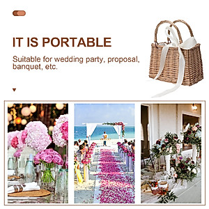 CARMELIT Flower Girl Basket Boho Style Rattan Baskets with White Ribbon for Weddings, Classic Wicker Handbag Basket Purse Basket Bags Women Straw Tote with Handle