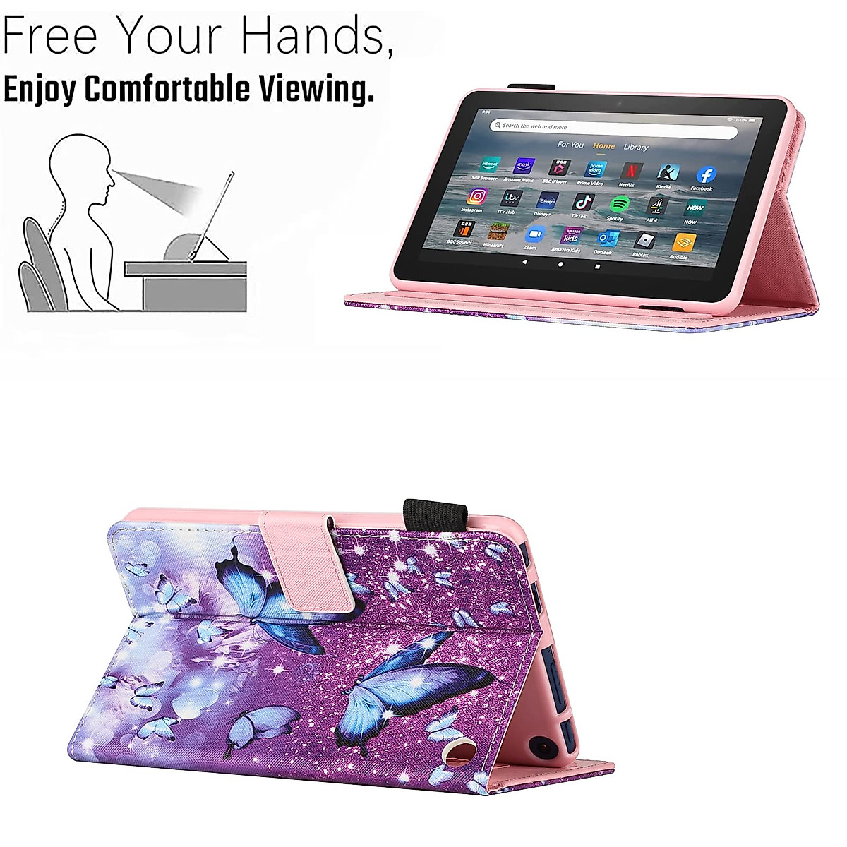 YUNHOTIC Case for All-New Amazon Fire HD 8 & 8 Plus (12th/10th Generation, 2024/2022/2020 Release), Pen Holder, Premium PU Leather Stand Cover with Smart Auto Wake/Sleep, Butterfly
