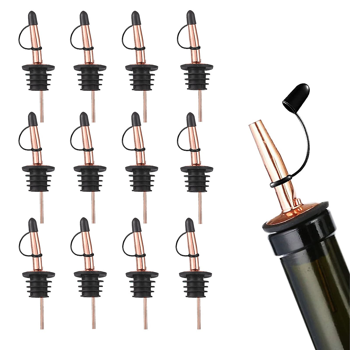 Stainless Steel Liquor Pour Spouts Set, Liquor Bottle Pourers with Rubber Dust Caps for Pours Liquid, Olive Oil, Wine, Vinegar, Cocktail and Whisky (Rose Gold-12 PCS)