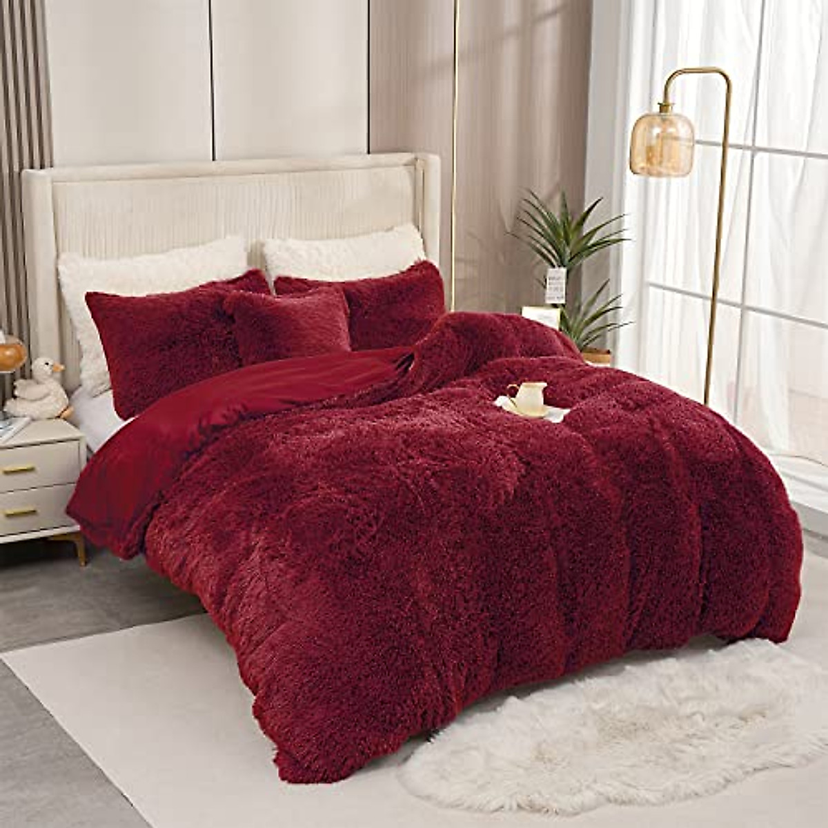 Dekoresyon Plush Duvet Cover Set, Luxury Ultra Soft Velvet Duvet Cover Set Fluffy Plush Shaggy Bedding Sets 4 Pieces (1 Duvet Cover + 2 Pillow Case + 1 Pillow Cover) Zipper Closure (Queen, Red)
