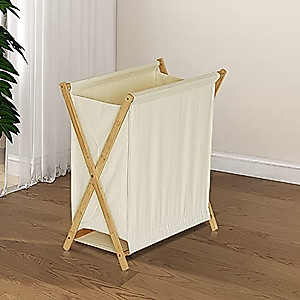 Bellglee Collapsible Bamboo Wood Laundry Hamper, Wooden X Frame Foldable Laundry Basket, Clothes Sorter Organizer with Linen Canvas Laundry Bag for Bedroom or Bathroom