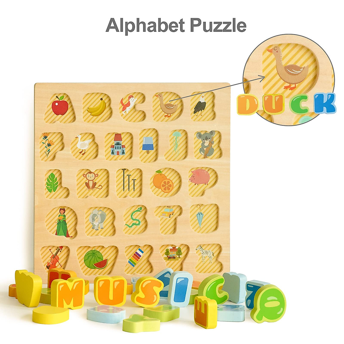 MUSICUBE Alphabet Number Puzzle for Kids 50 Pcs Wooden Puzzle for Toddler Preschool Learning 2 in 1 Set Jigsaw Puzzle Toys for Boys Girls Aged 3+ Gift Choice
