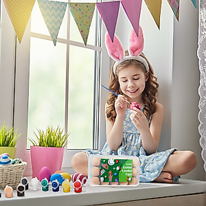 Fovths Elcoho 15 Packs Unfinished Wooden Easter Eggs Unpainted Easter Eggs Toys Mini DIY Fake Art Craft Eggs with Brushes and Paints for Easter Decorating Party Supplies, Natural