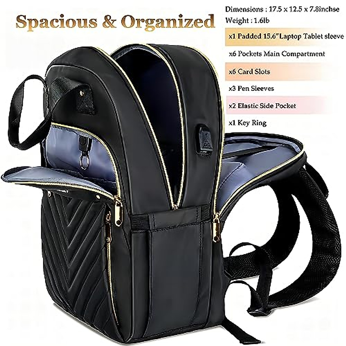 Backpack for Women, Travel Laptop Backpack, School Backpacks for Teens, Large College School Bookbag with USB Port Charging,15.6 Inch Computer Work Bag, Gifts for Women, Casual Daypacks, Black