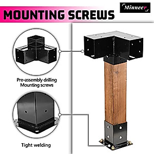 Minneer Pergola Bracket Kit 4” x4” (Real: 3.5”x3.5”), Contain 4-Way Right Angle Corner Brackets & Post Anchor Bases, for Wood Beams, Pergola, Gazebo(4 Set/ 8 Pack)
