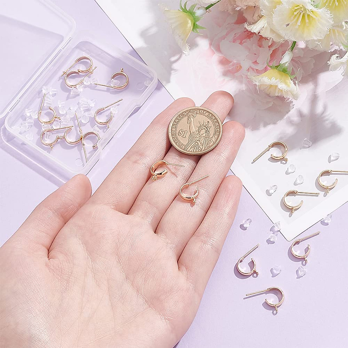BENECREAT 16Pcs Real 18K Gold Plated Stud Earring Findings, Brass Half Hoop Earring Hook with Vertical Loops, 40Pcs Plastic Ear Nuts for Mother's Jewelry Earring Gift Making
