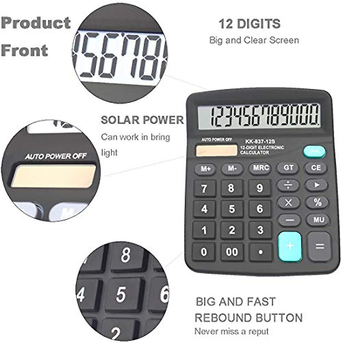 Calculators, BESTWYA 12-Digit Dual Power Handheld Desktop Calculator with Large LCD Display Big Sensitive Button (Black, Pack of 1)