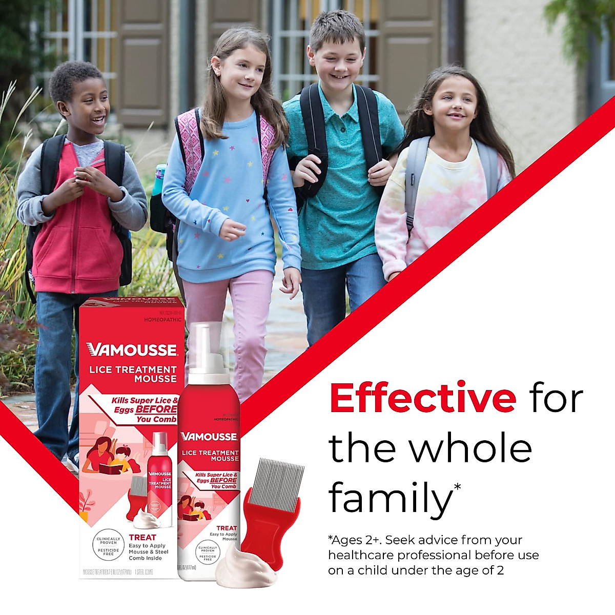 Vamousse Lice Treatment Mousse (6 fl oz), Clinically Proven to Kill Super Lice & Eggs, Easy to Apply & Rinse, Pesticide-Free & Non-Toxic, Includes Reusable Steel Comb