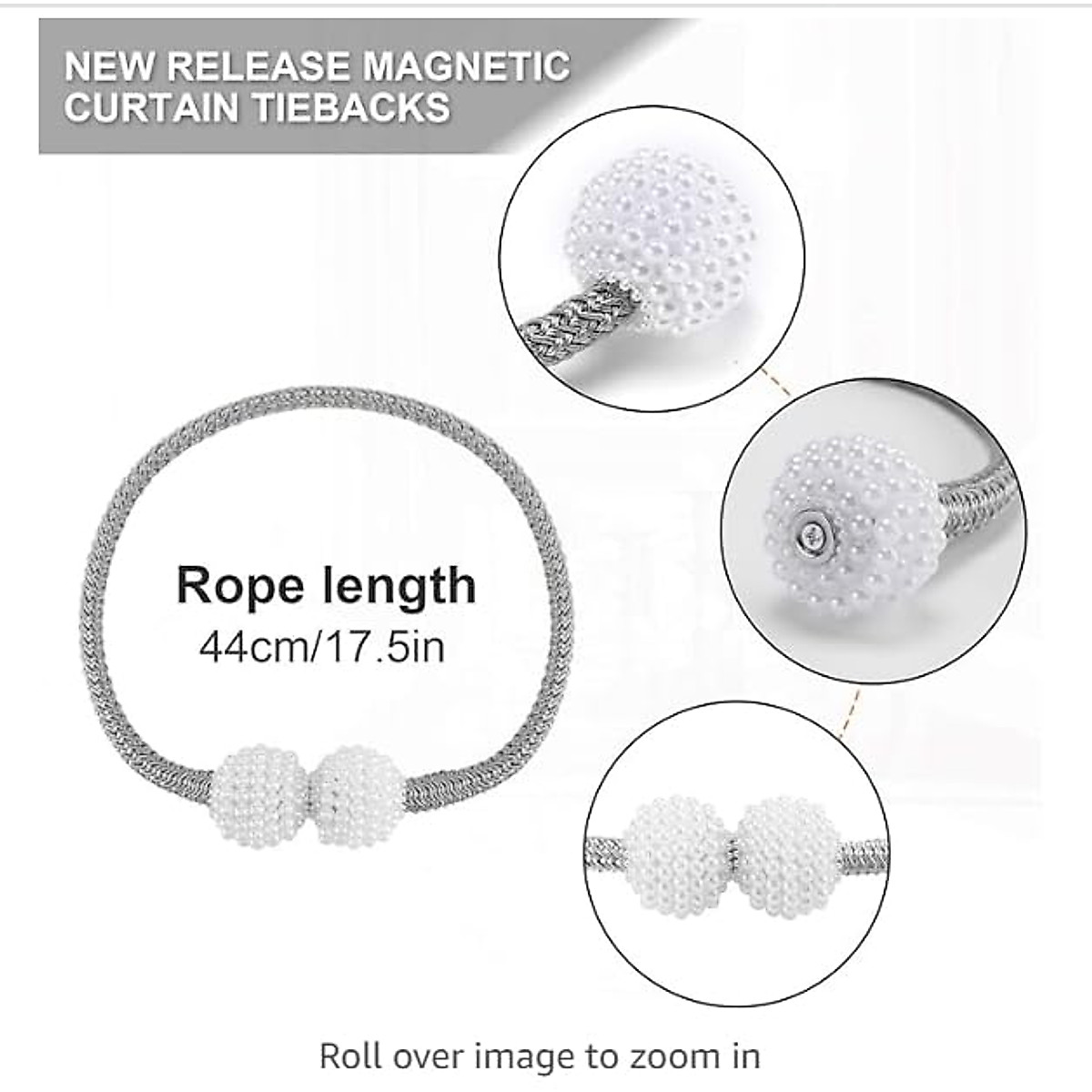 4 Pack Magnetic Curtain Tiebacks Pearl Ball Home Window Curtain tiebacks The Most Convenien Tie Backs, Weave Clips Rope Straps Holder for Big,Wide or Thick Drapries (Beige)
