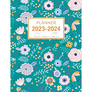 Planner July 2023-2024 June: 8.5 x 11 Large Notebook Organizer with Hourly Time Slots | Cute Pastel Floral Design Teal