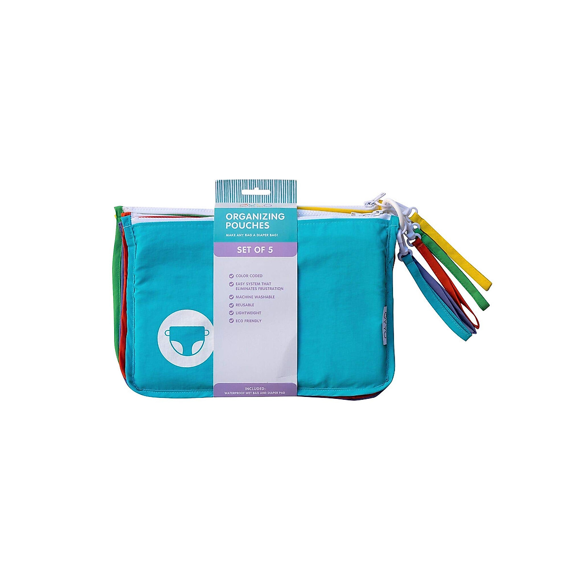 OYYO Diaper Bag Organizer Pouches a 5 pc Set. Machine Washable, Color Coded, Diaper pad and Wet Bag Included.