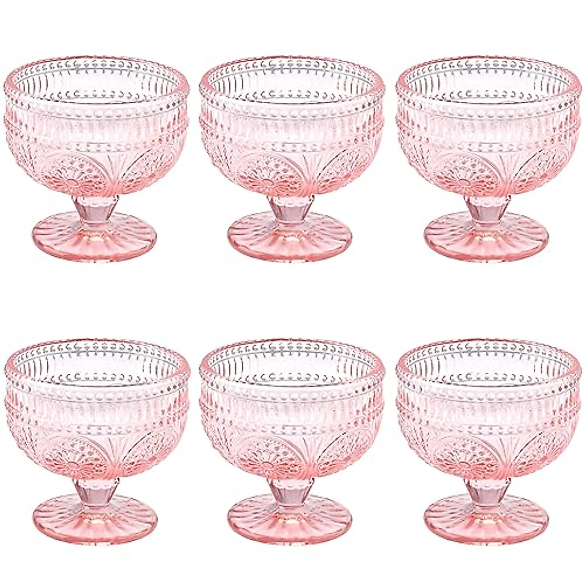 Vintage Glass Dessert Bowls Set of 6-11.5 oz Pink Embossed Glass Ice Cream Bowls for Salad, Candy Cake, Fruit,Trifle,Cocktail