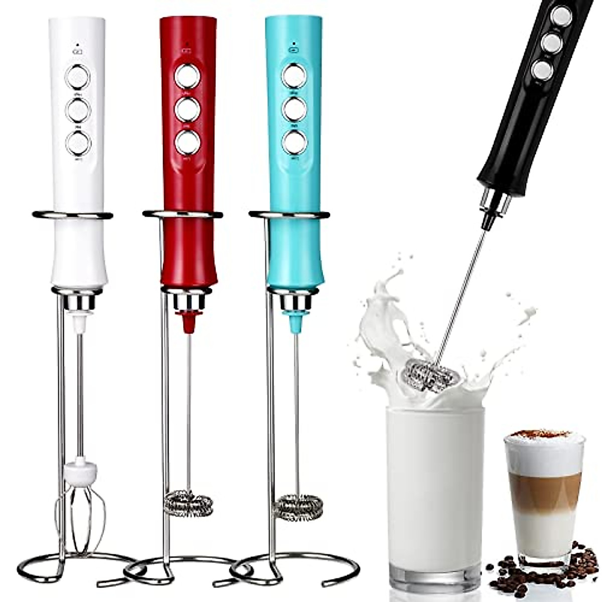 Milk Frother Handheld, Rechargable Coffee Foam Maker with Stand & 2 Whisks, Wanderland 3 Speeds Electric Coffee Mixer for Coffee, Lattes, Cappuccino, Matcha, Hot Chocolate (Black）