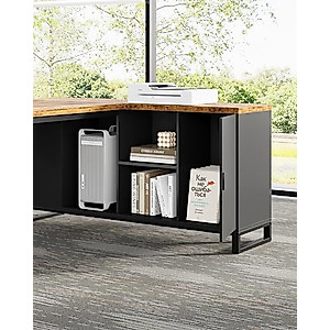 LITTLE TREE 70.8 Inches Executive Desk and 55 Inches File Cabinet Combo, Large L Shaped Computer Desk with Storage Cabinet and Shelves, Modern Business Furniture for Home Office, Rustic Brown & Black