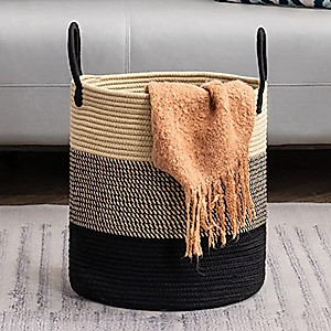 Woven Rope Laundry Basket by TECHMILLY, 42L Baby Nursery Hamper for Clothes Blanket Storage, Large Tall Laundry Hamper for College Dorm, Bedroom, Living Room, Brown & Black