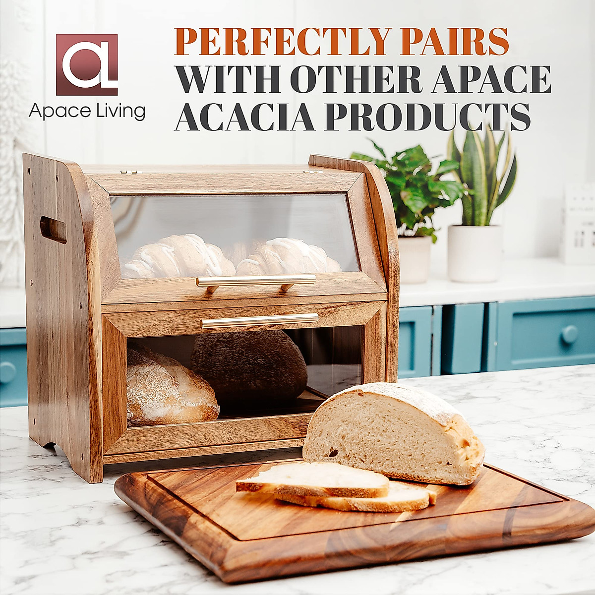 Arise Stylish Acacia Bread Box for Kitchen Countertop, Extra Large 2-Shelf Wooden Bread Storage Container with Clear Windows and Air Vents Keep Bread, Bagels and Rolls Fresh, Self Assembly