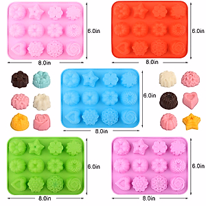 Silicone Flowers Molds, Baking Pan with Flowers and Heart Shape Non-Stick Silicone Molds for Chocolate, Candy, Jelly, Ice Cube, Muffin (5pack)