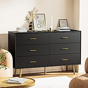 RESOM Black 6 Drawer Dresser for Bedroom, Wooden Black Double Dresser with Gold Handles, Modern Chest Dresser with Deep Drawers for Living Room, Hallway