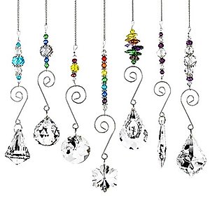 BKpearl 7 Pcs Crystals Sun Catcher, Hanging Suncatchers Beads Chain Sphere Chandelier Lamps Light Pendant for Indoor Christmas Day, Wedding, Plants, Cars, Window Decoration (White)