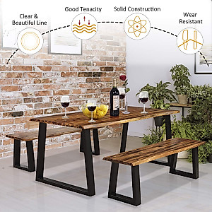 Giantex 3PCS Wooden Dining Set Bench Chair Rustic Indoor &Outdoor Furniture (Rustic Brown&Black)