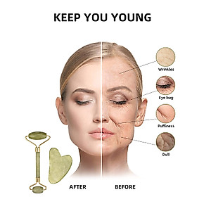 ideayard Face Roller and Gua Sha Set - Jade Roller Anti Aging Massager Tool - Natural Jade Roller for Face and GuaSha Stone for Body - Beauty Roller Skin Care Tools Kit for Slimming & Firming(Green)