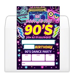 YUEXLL 90's Birthday Party Invitations Cards with Envelopes, Back to the 90's Party Invitations, Neon Birthday Celebration Supplies, Double-sided Fill-in bday Invites for Boys Girls- A18